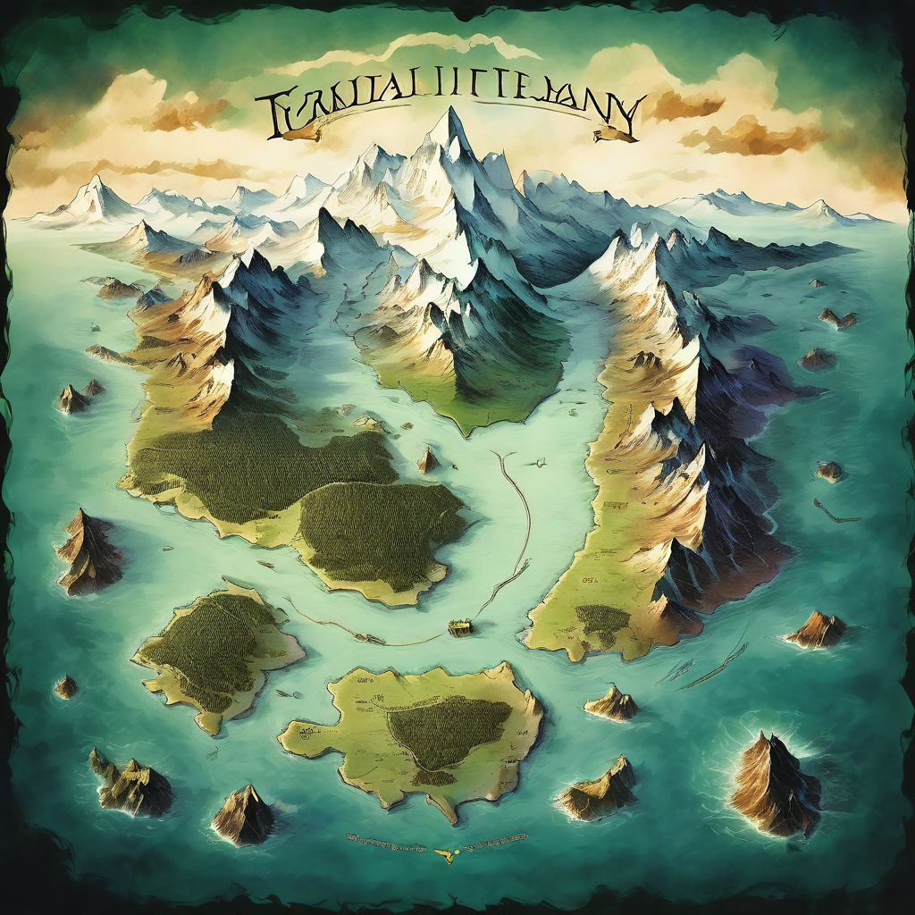 Create a mystical fantasy map of fictional continents in anc... by ...