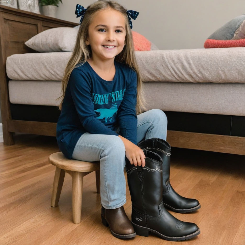10 year old girl trying on mom's boots by Wanda Cook - Playground