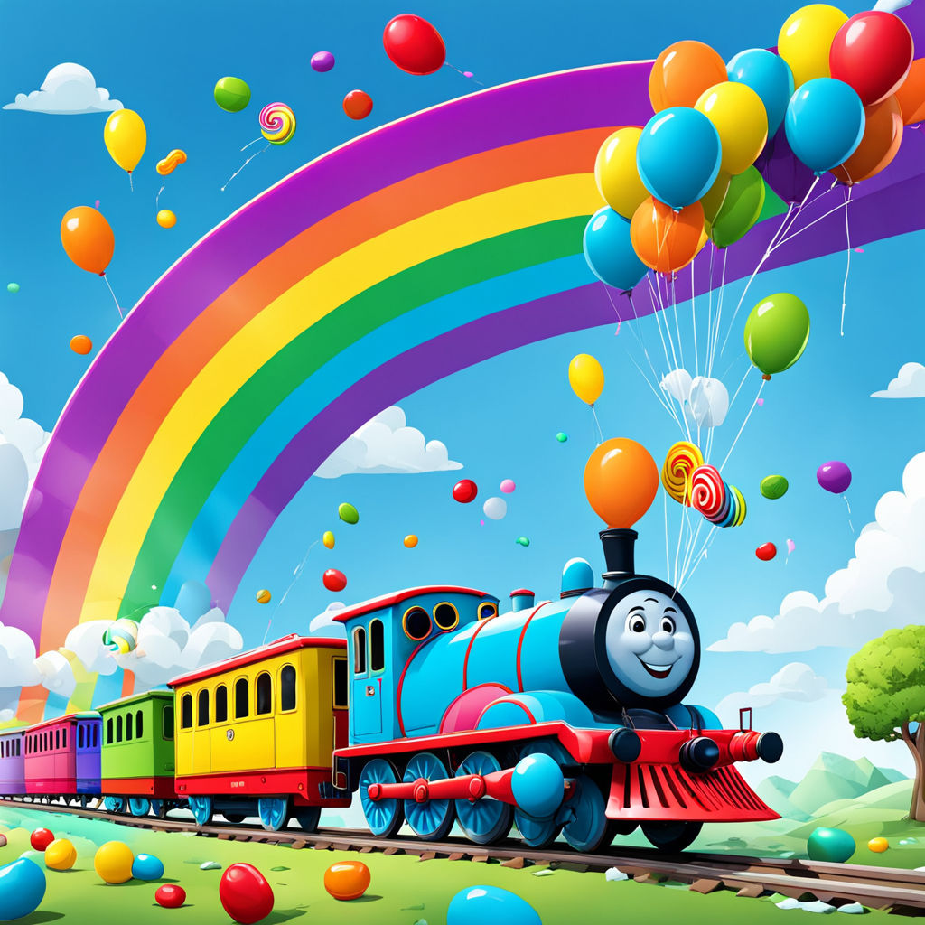 A cartoon train in rainbow colors with lollies flying out by iLLuminate ...