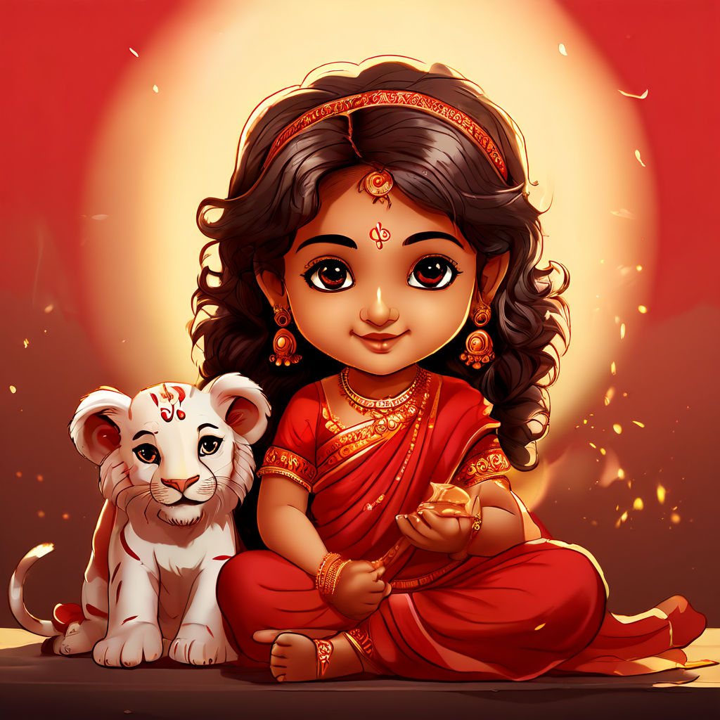 A cute cartoon of maa durga as a bengali child in red saari by Rayan ...
