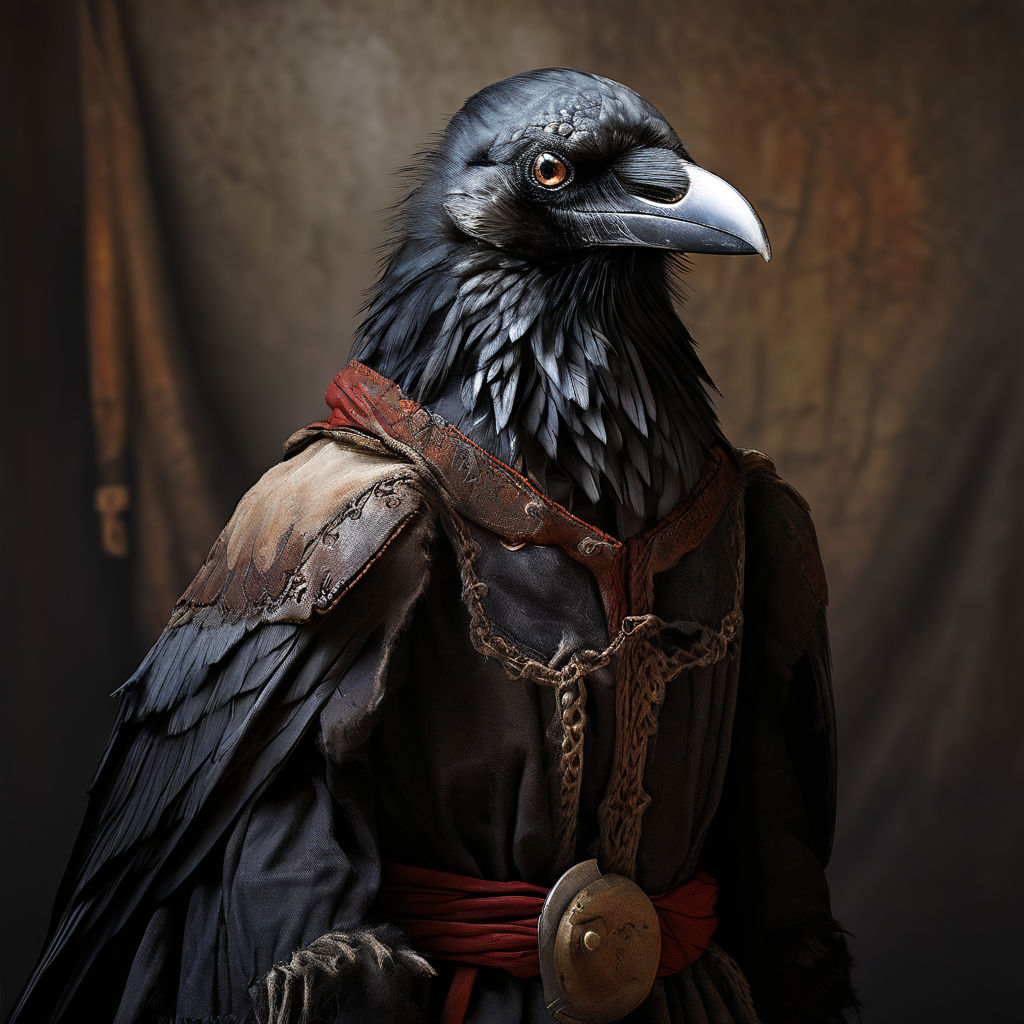 A small humanoid raven in peasant clothes. Art by ScinЭtist - Playground