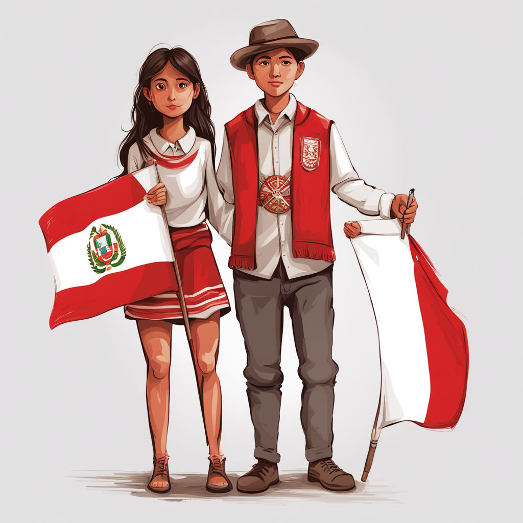 Draw a Peruvian guy and girl with a Peruvian flag waist-deep... by ...