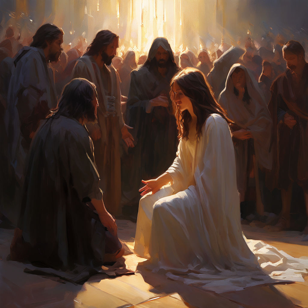 Woman kneeling before Jesus after touching his cloak by HUMBERTO SOTO ...