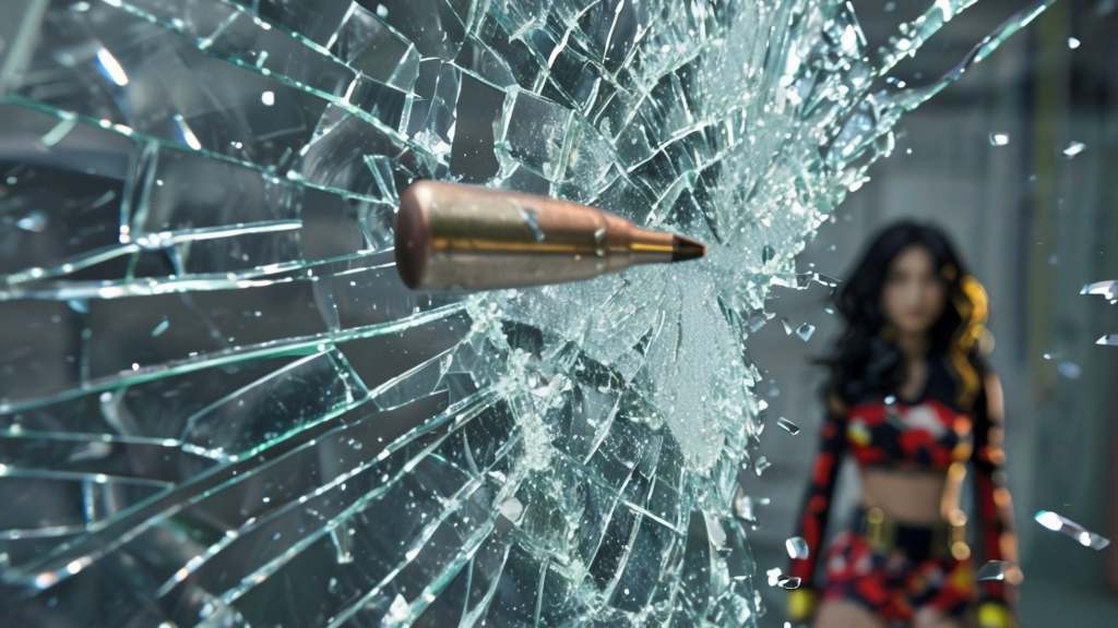 A close-up of a bullet head piercing through a large pane of... by ...