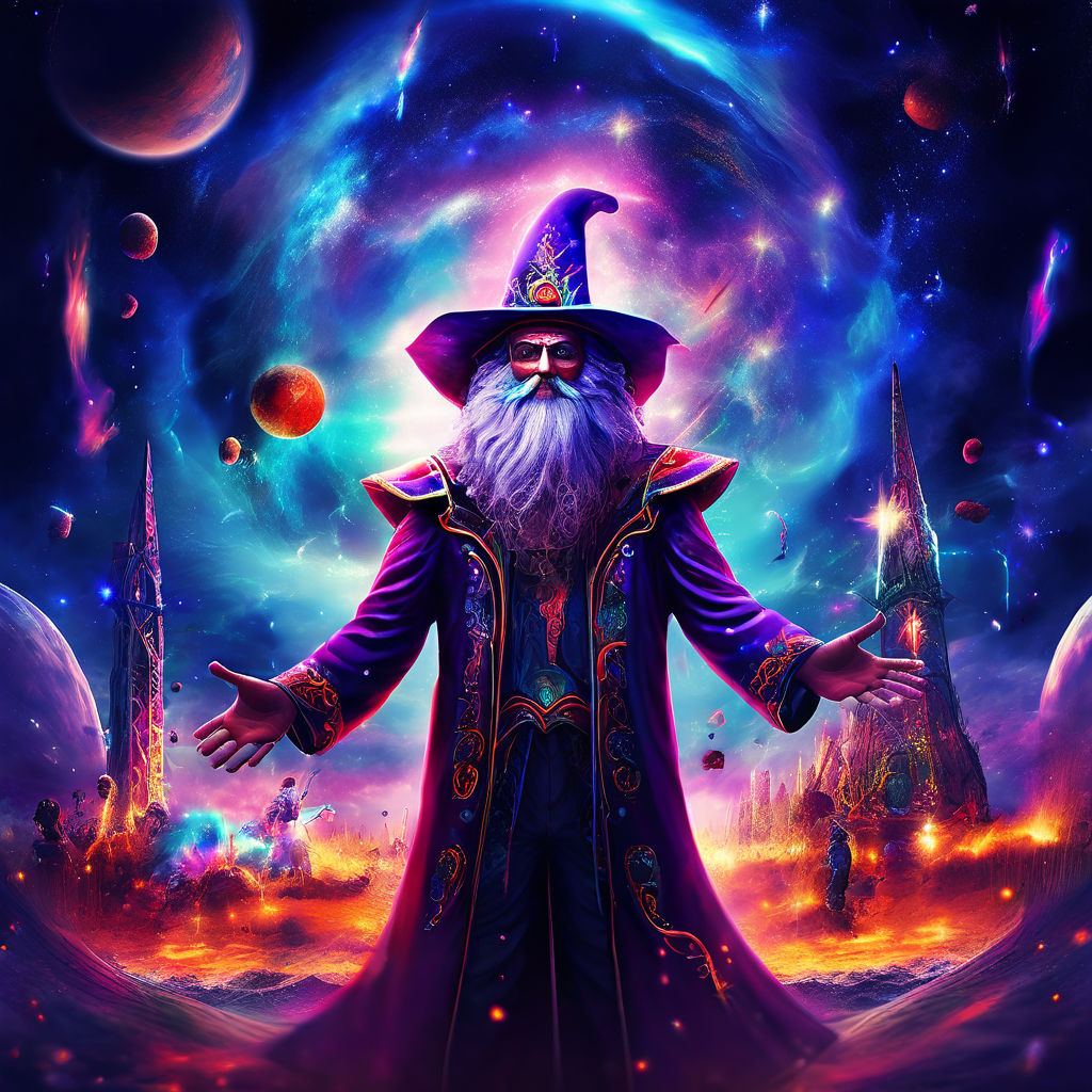 Cosmic Carnival a magical wizard Create a vibrant scene dep... by AI ...