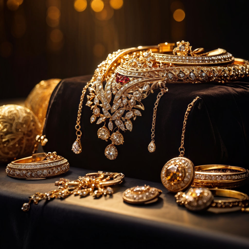 An exquisite collection of gold jewelry laid out against a v... by ...