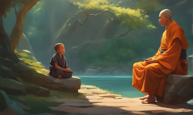 Depict a Zen monk in deep conversation with a young disciple by Future ...