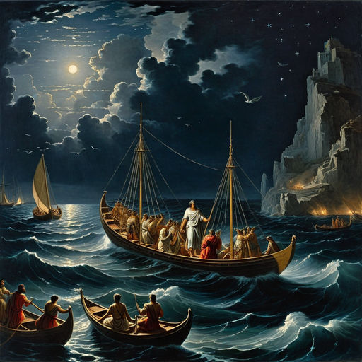 Image of aeneas and his companions sailing in boats across t... by ...