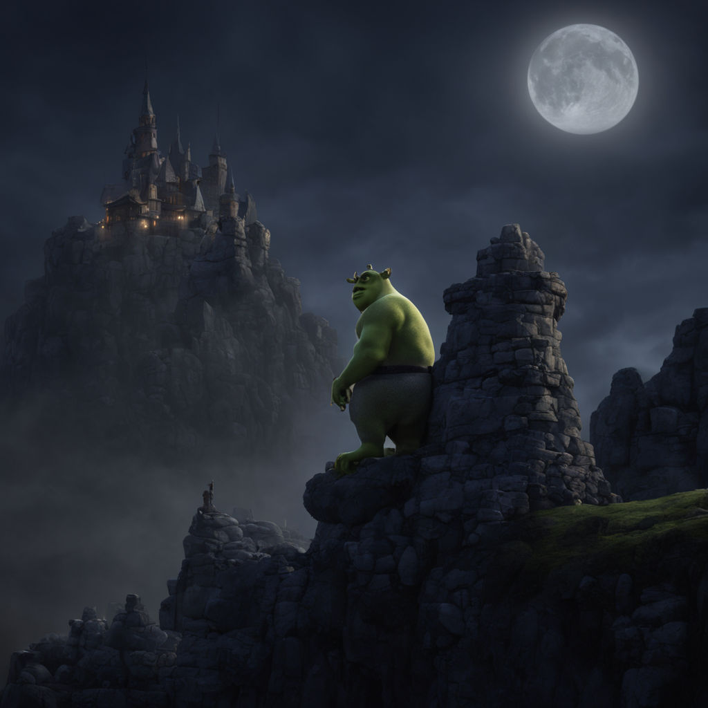 Shrek perched atop a towering castle's highest turret by Jayden Plott ...