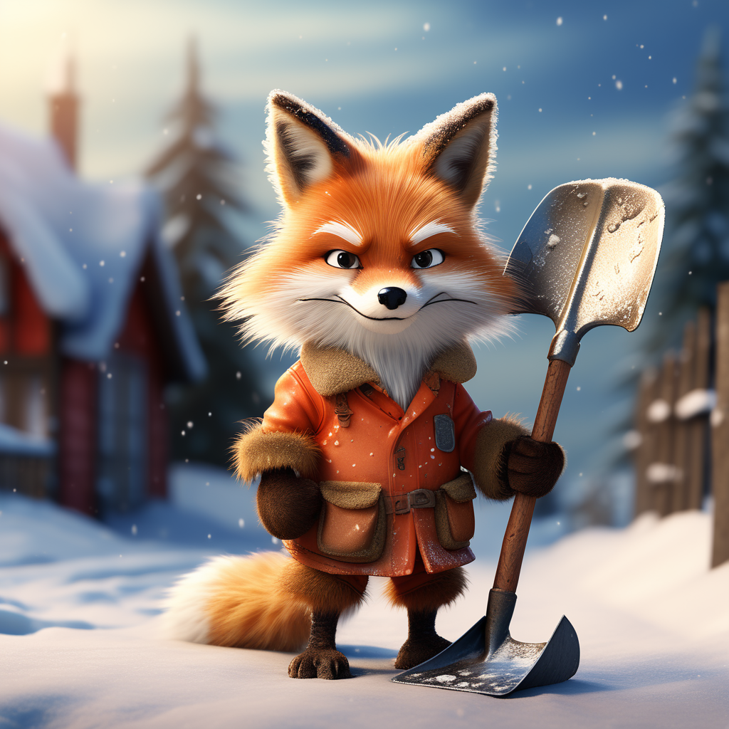 Grumpy old cute fox with snowshovel ugly by Ans Baas - Playground
