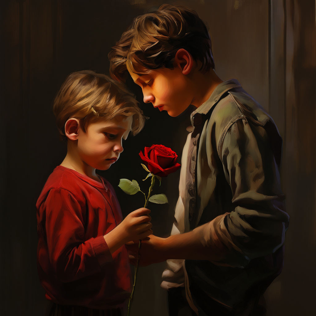 The boy held a red rose in his hand and cried by Ham taro - Playground