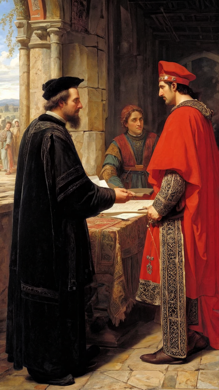 A medieval nobleman negotiating with another man over the ma... by ...