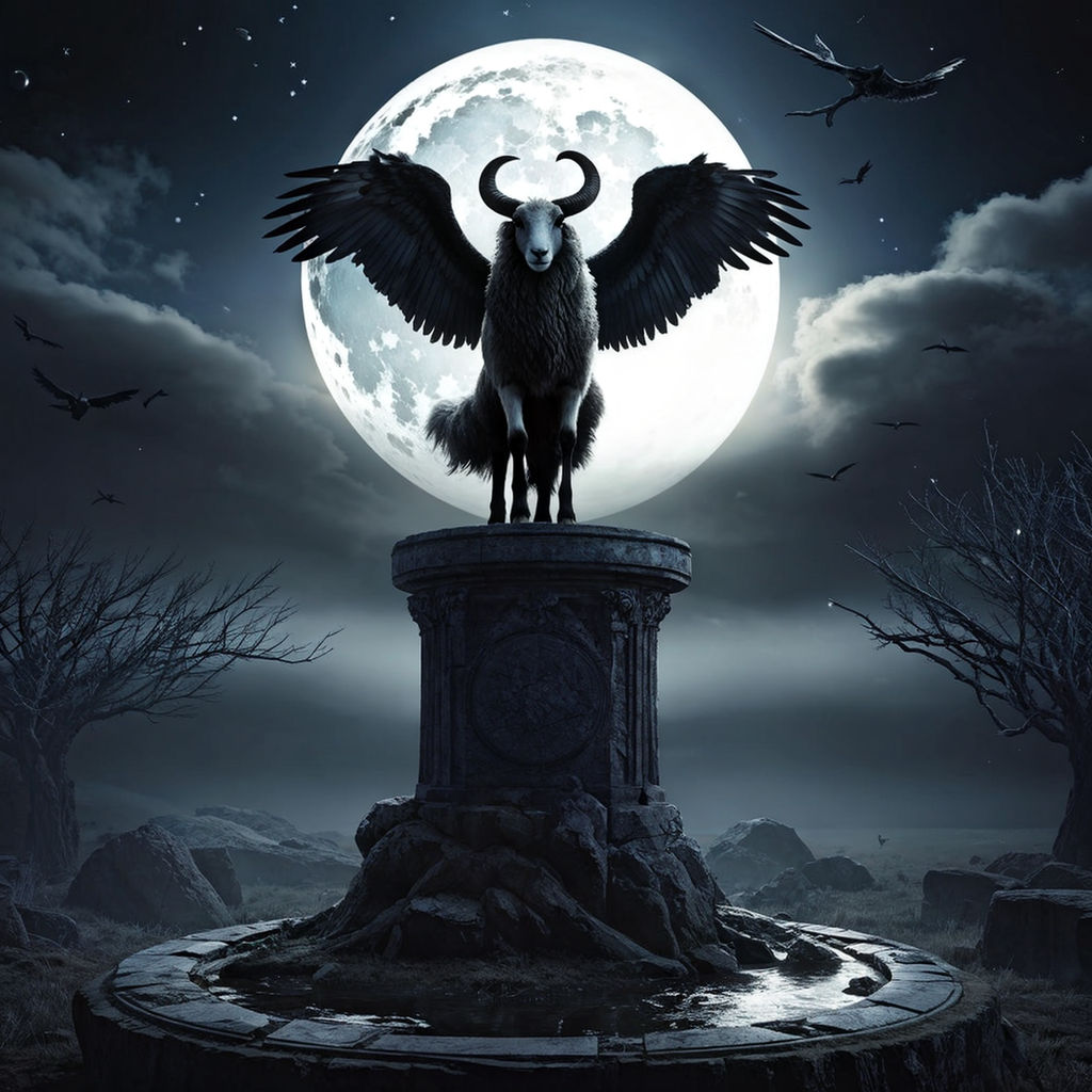 A sheep with unfurled tattered wings standing atop an ancien... by ...