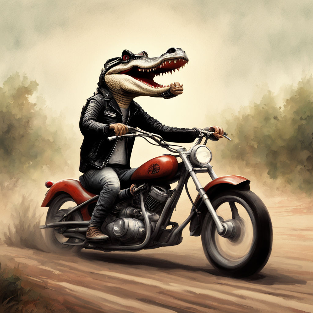 "An alligator wearing a leather jacket riding a motorcycle o... by ...