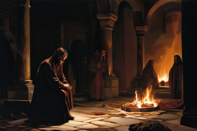 A night scene set in the high priest's courtyard. In the bac... by Luiz ...