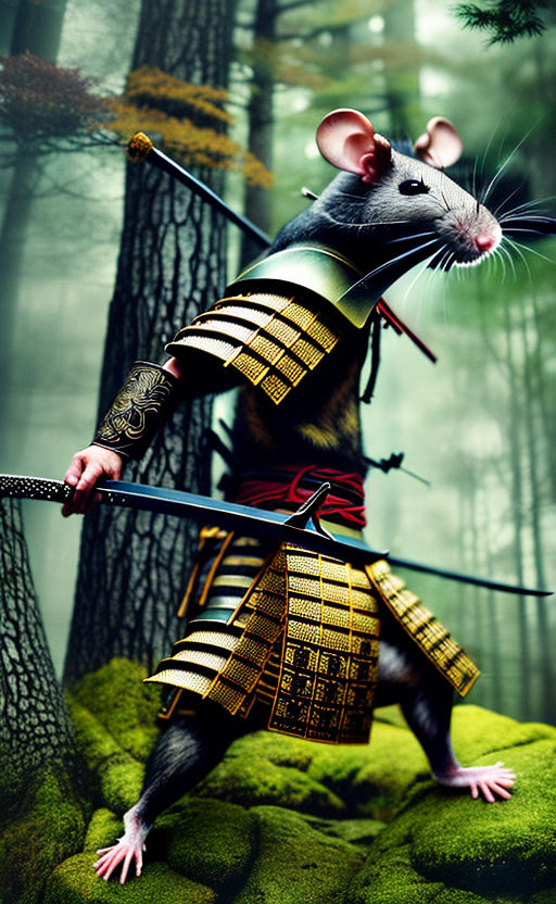 A samurai rat in full japanese armor standing in a dark ench... by D ...