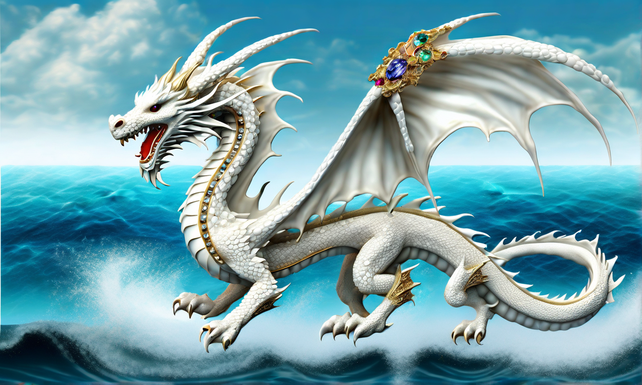 An elegant beautiful ornate bejeweled white dragon flying ou... by TKL ...