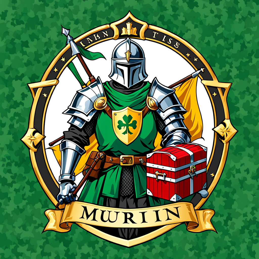 A logo of a medieval knight holding a treasure chest with th... by ...