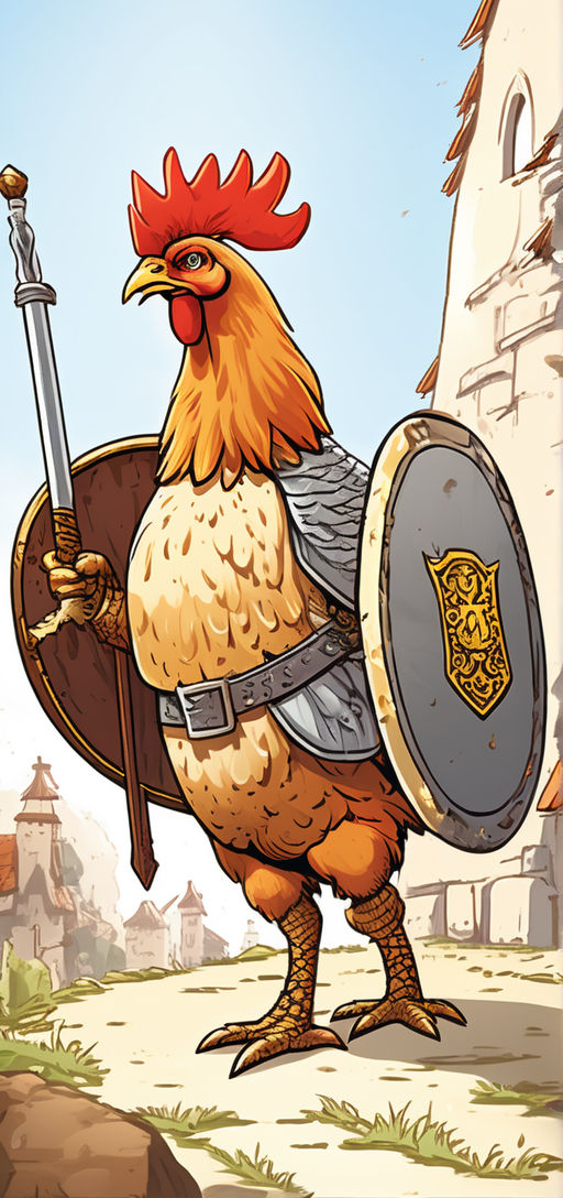 Medieval village legionär chicken comic funny with staff and... by ...