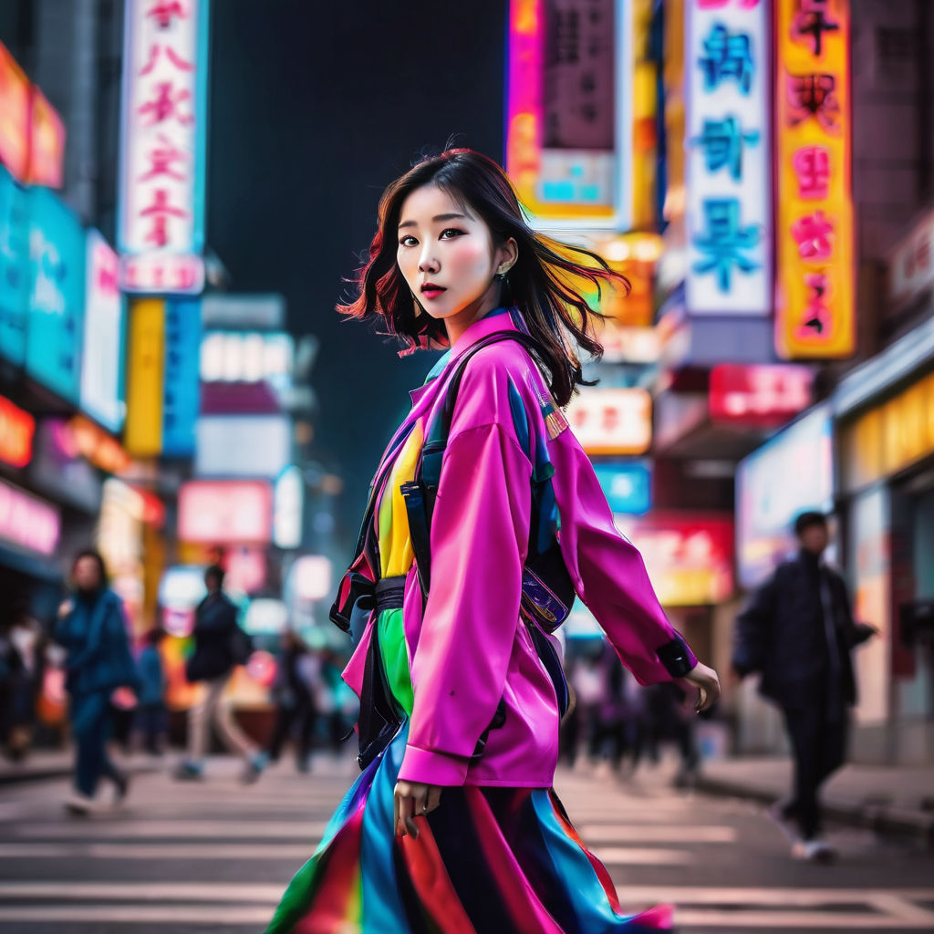 Baek Hye-hyang captured in mid-stride down a bustling city s... by ...