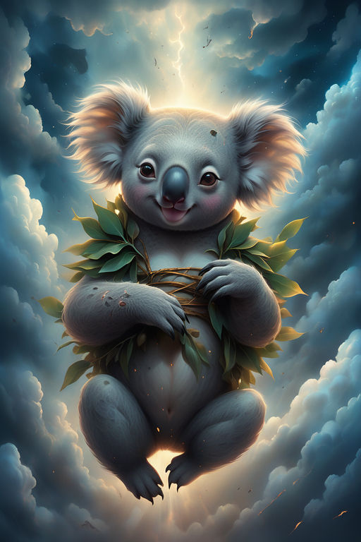 Koala is in the air falling through the sky facing down ward... by ...