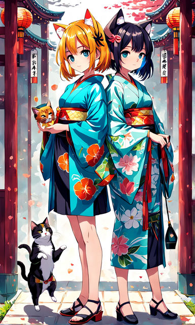 Anime-style full body portrait featuring a girl with cat ear... by LI ...