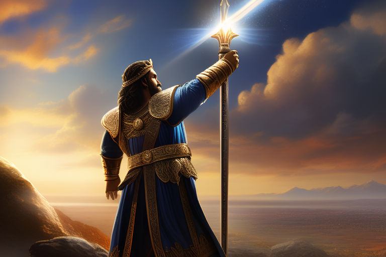 A realistic scene showing King Solomon holding a sword in th... by ...