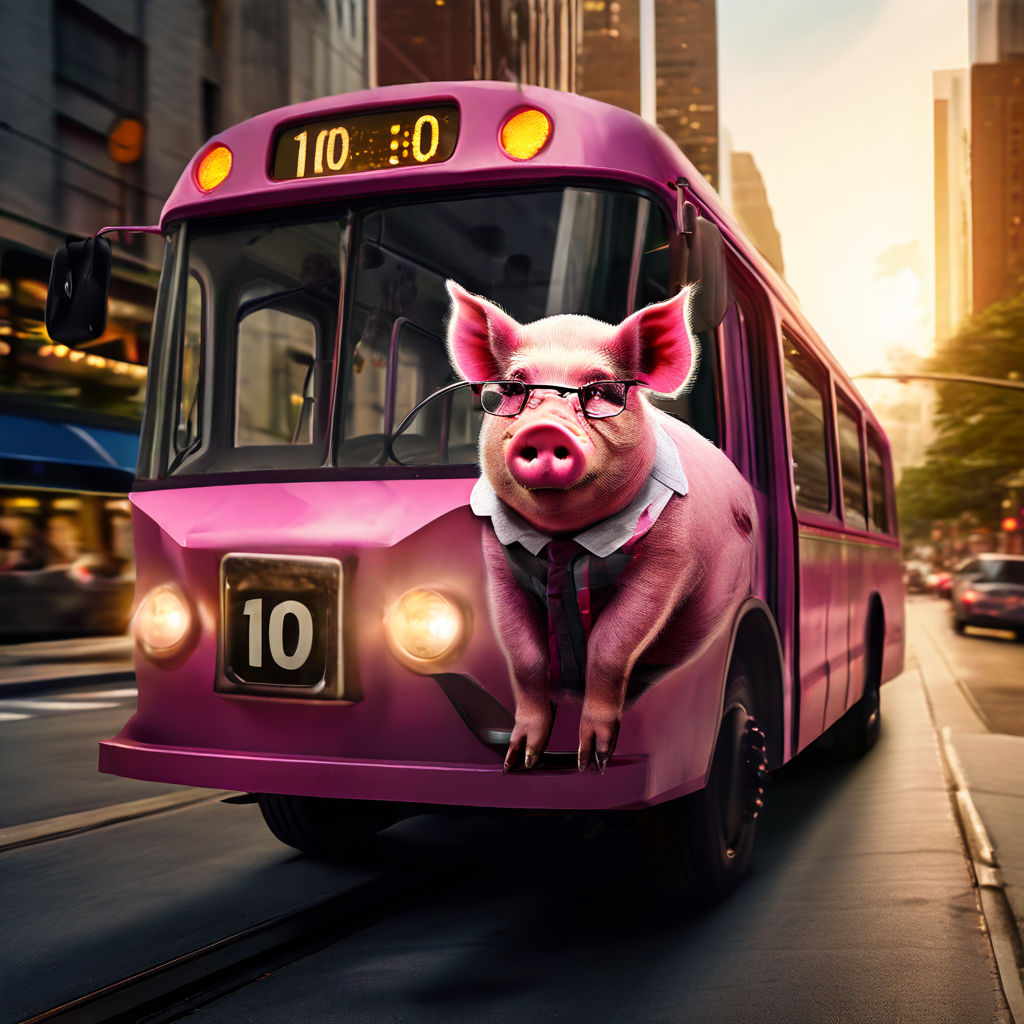 A pig driving Urban public transportation marked with the nu... by ...