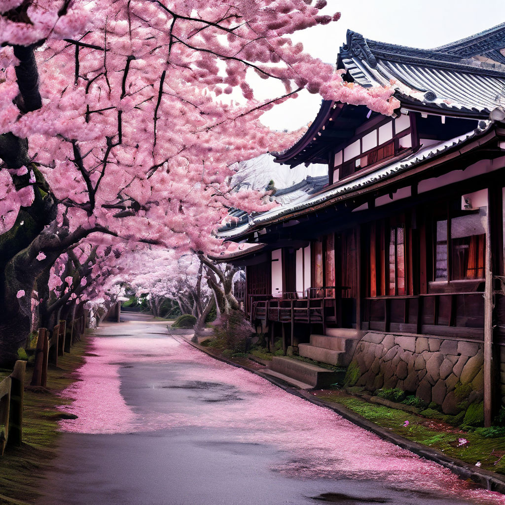 A Japanese village house covered with cherry blossom trees f... by Poco ...