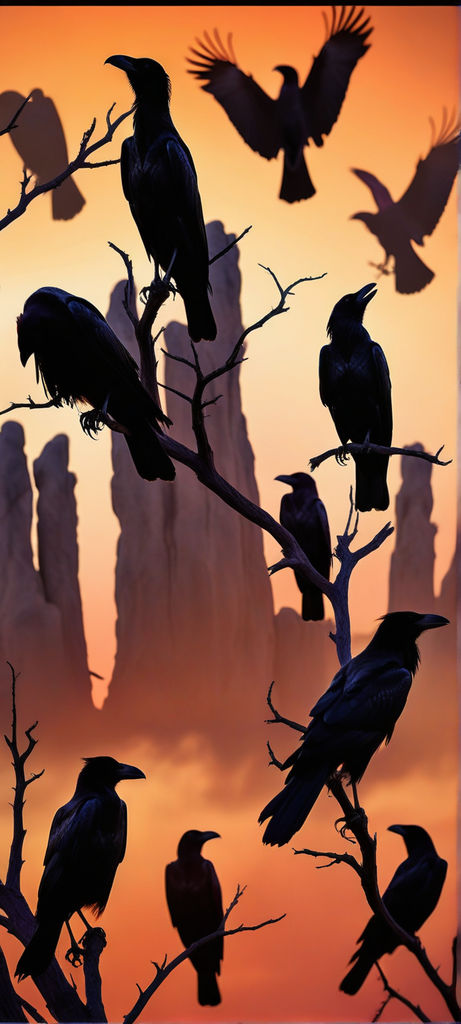 A dramatic silhouette scene of six crows perched on a barren by shane ...