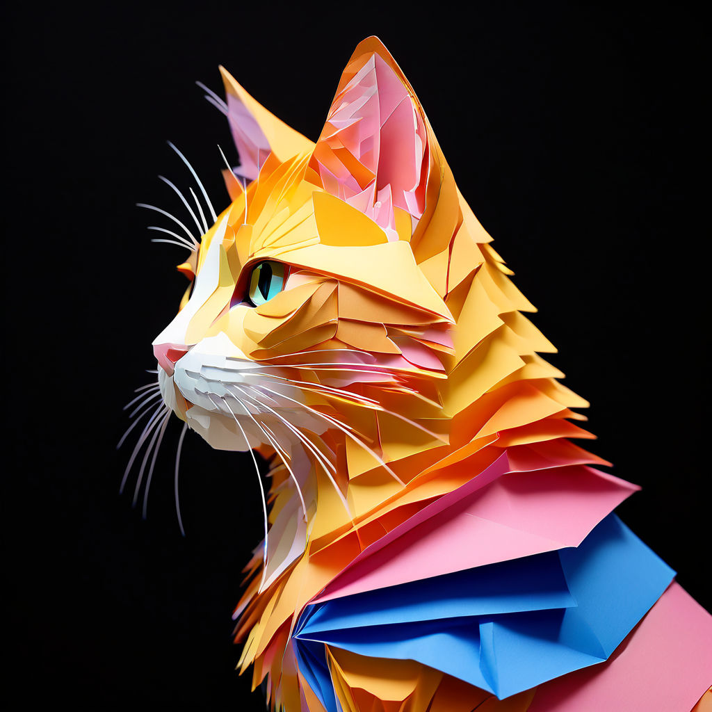 A cat in front profile made with paper. With yellow bllue or... by Eda ...
