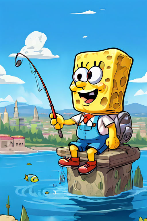 Full body cartoon of SpongeBob fishing from the top of Ataku... by ...
