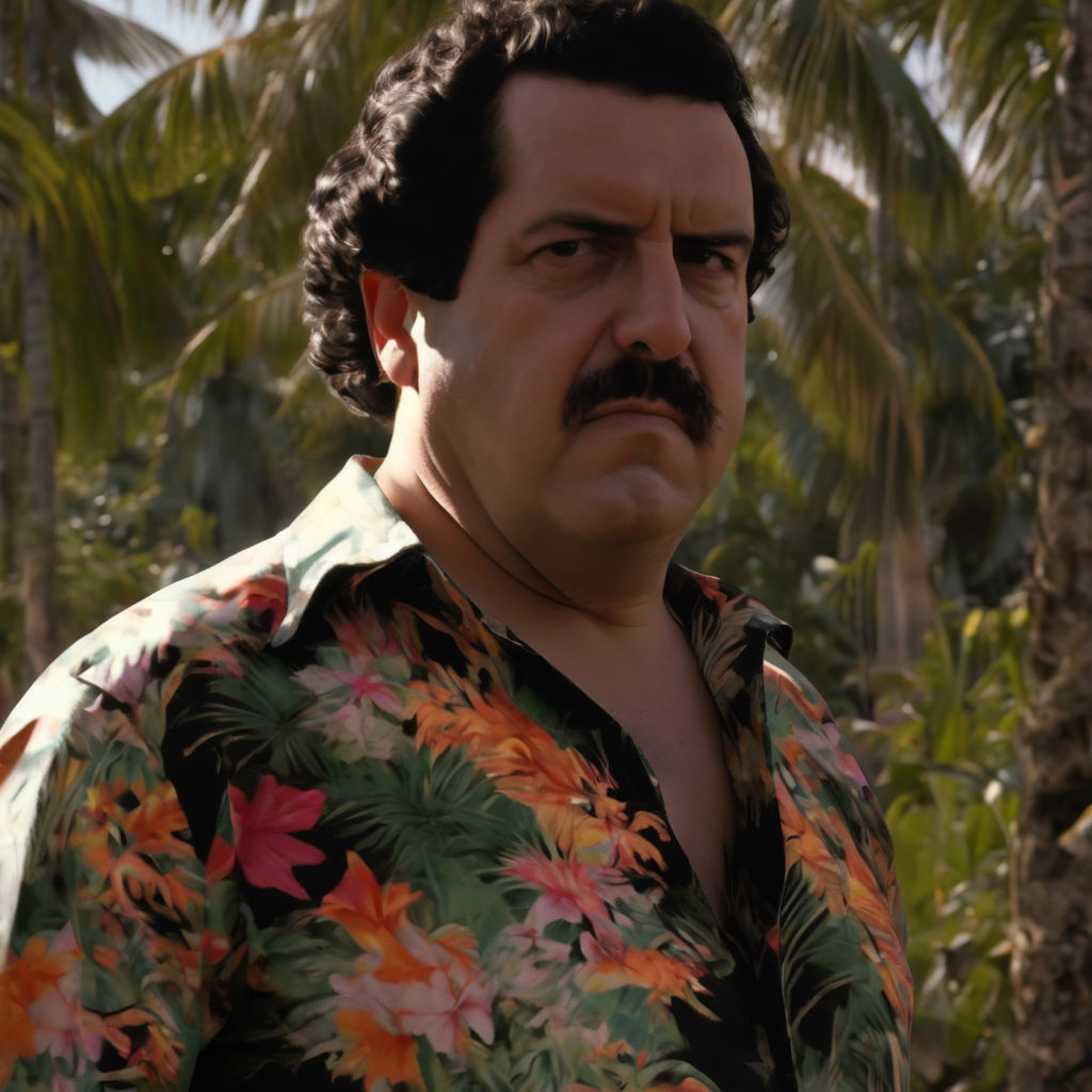 A slimmer Pablo Escobar in dark Sillohette looking down ver... by ...