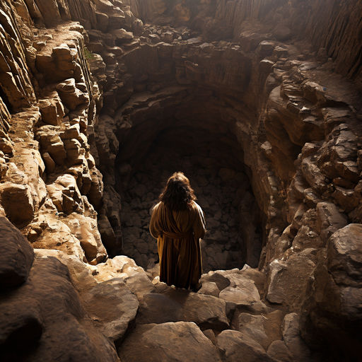 A picture looking down into a stone pit den of lions with th... by ...