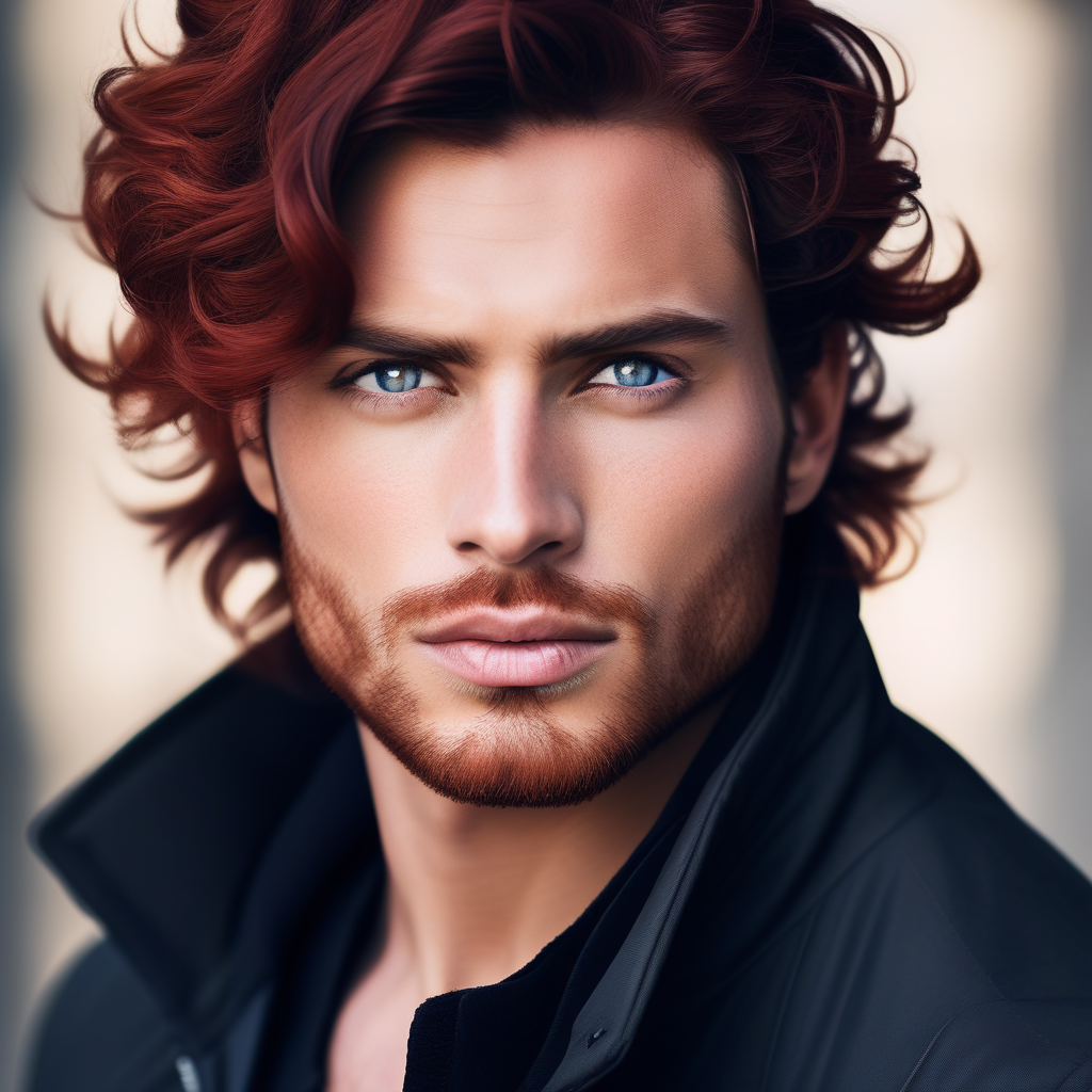 A Handsome Dark Skinned Man With Dark Red Hair And Red Eyes By