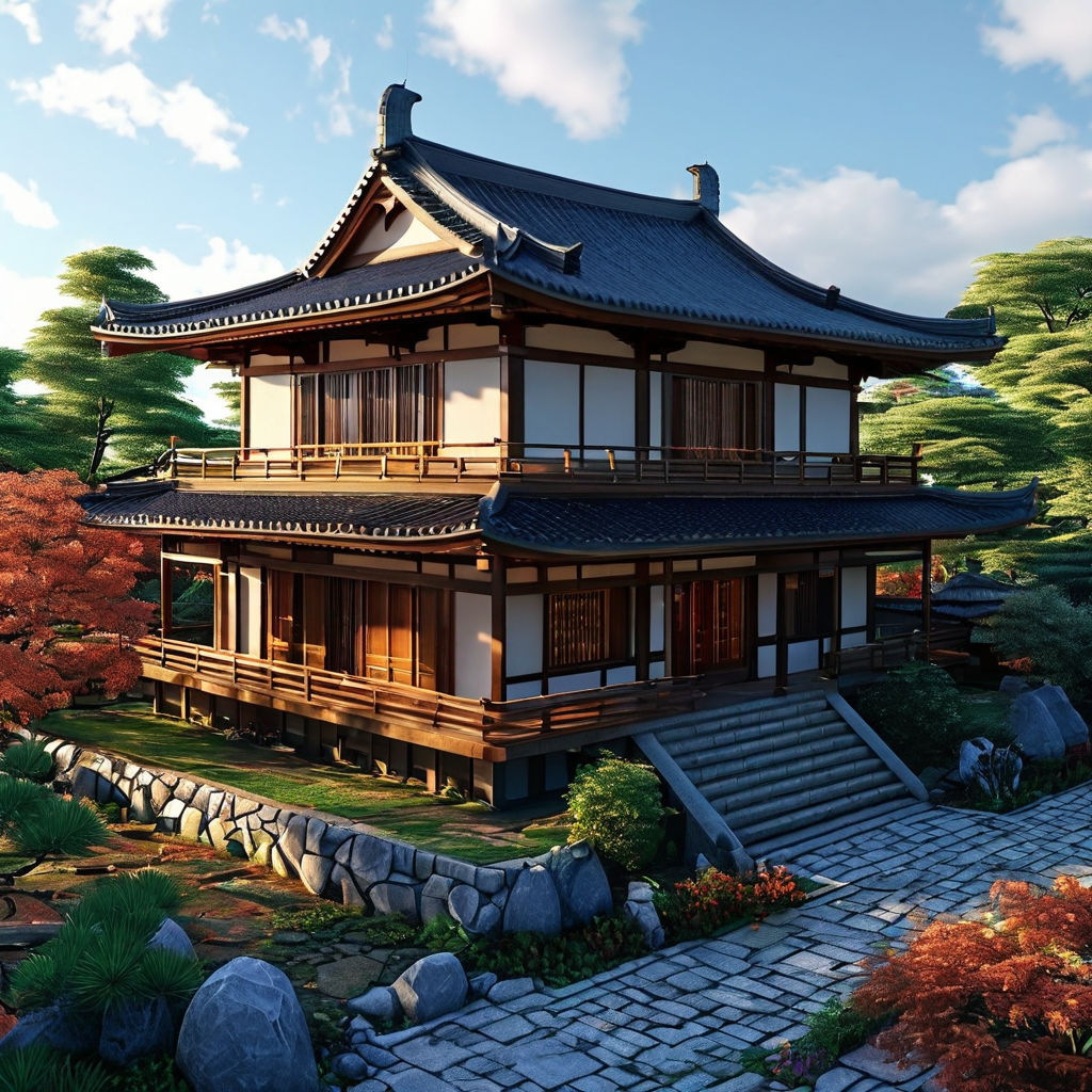 A two-story Japanese-style traditional house with a brown wo... by 쪼랭 ...