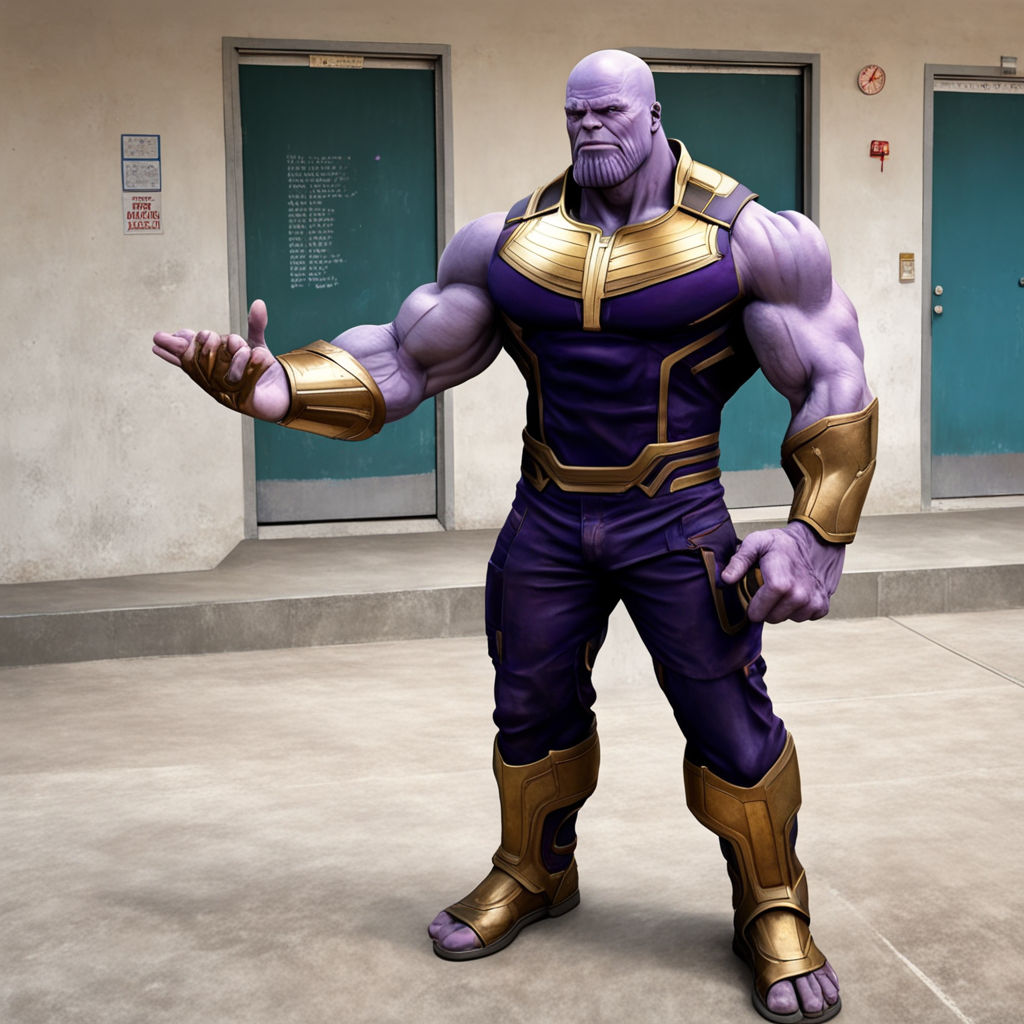 Generate a image of a thanos snapping his hand right hand na... by ...