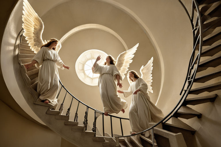 Angels descending from heaven on a spiral staircase where th... by 임용재 ...