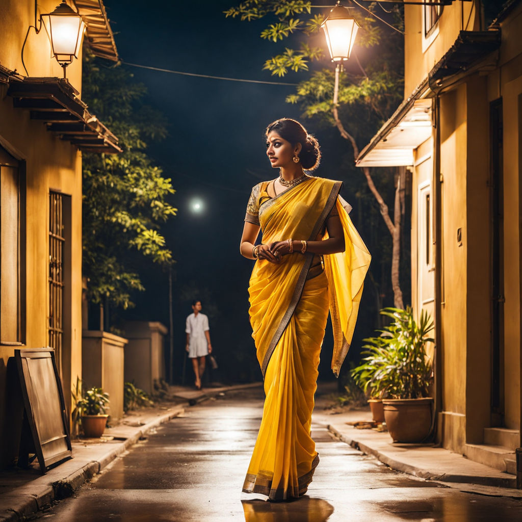 One Indian women wearing yellow saree with bag and walking o... by ...