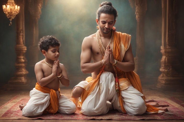 Indian pandit father and son praying Hindu god Radha Krishna... by ...