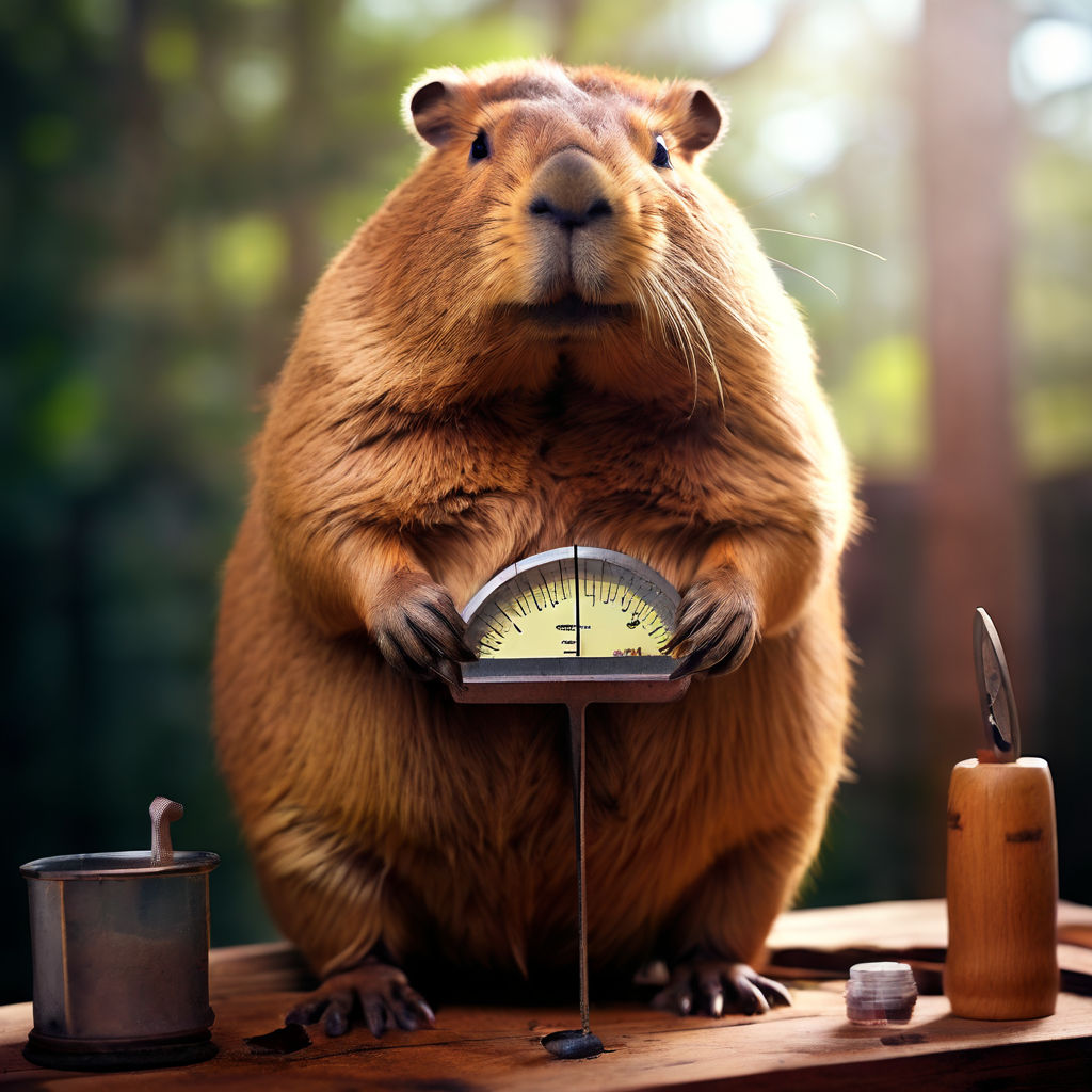 Fat capybara is standing on the weight scales. Capibara is h... by ...