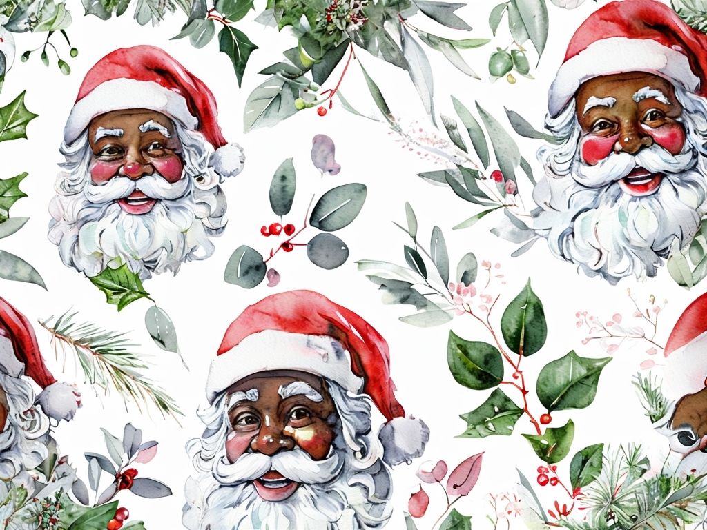 Festive Watercolor Santa Claus Pattern on Black Background - Playground