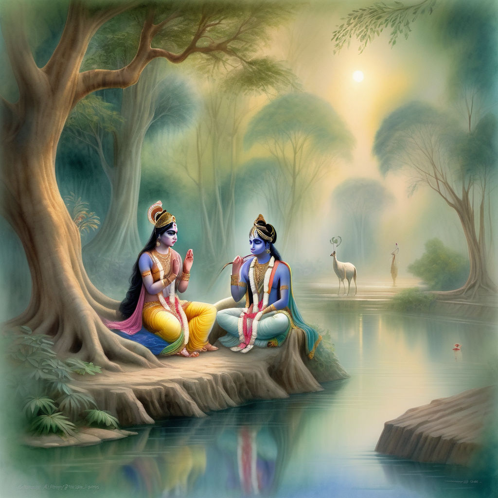 Lord Krishna and Radha observing the emergence of Radha Kund by Johnson ...