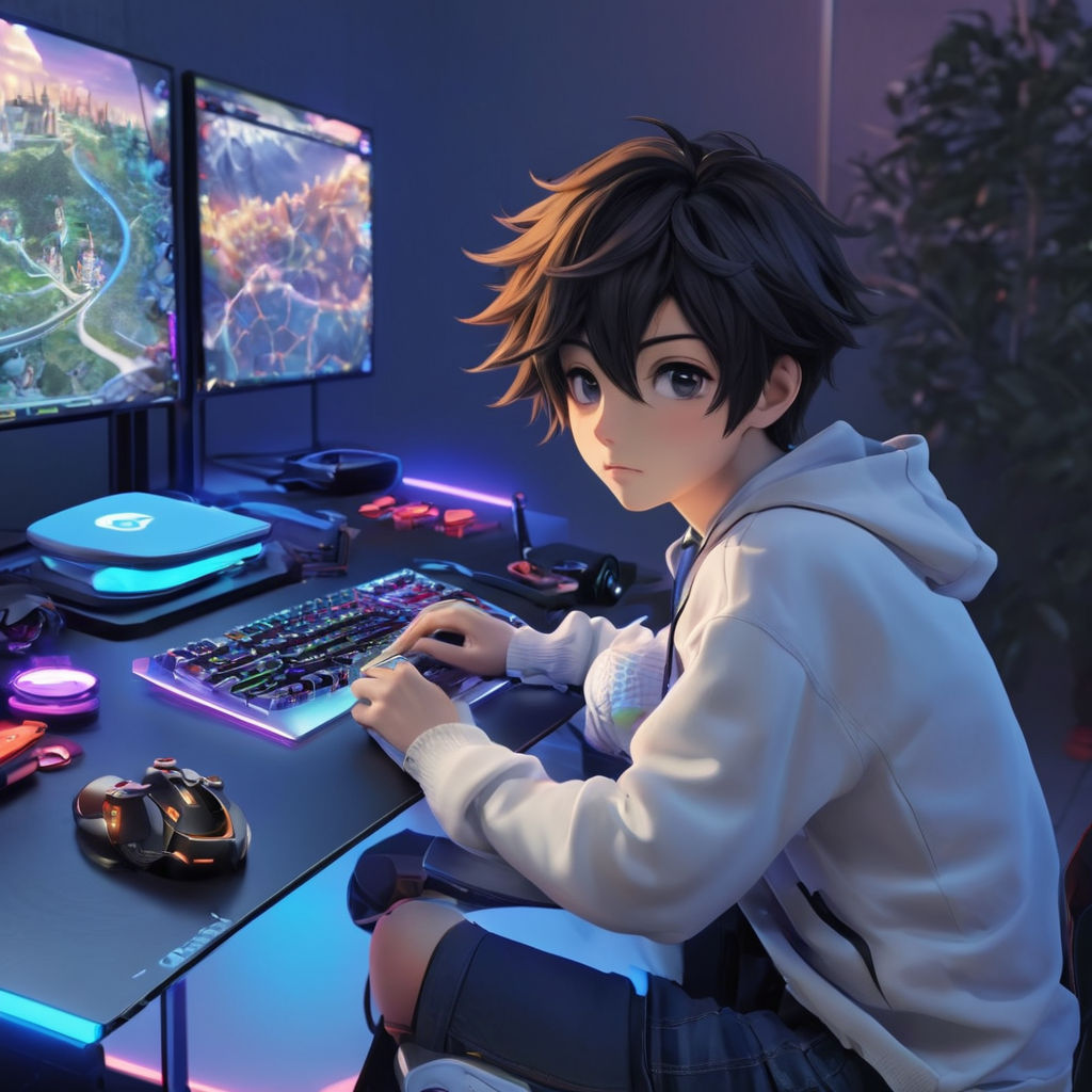 A boy anime character causally sitting on a gaming table an... by ...