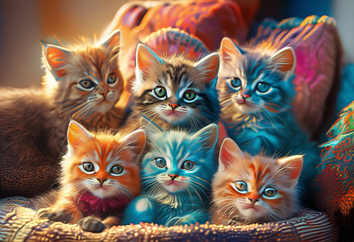 Many photorealist kitten of various colors in a comfy settin... by ...
