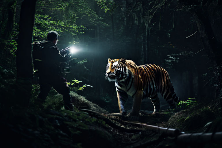 Three human shoot long gun to hunt the angry tiger in the d... by ...