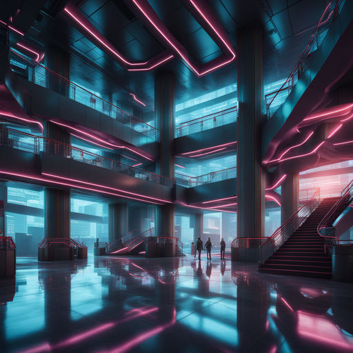An entrance lobby of a corporate building in a cyberpunk set... by ...