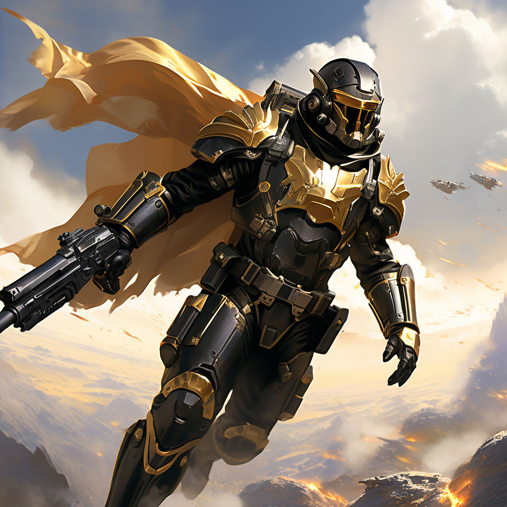 Helldivers soldier man in black and gold armor with rifle ho... by ...