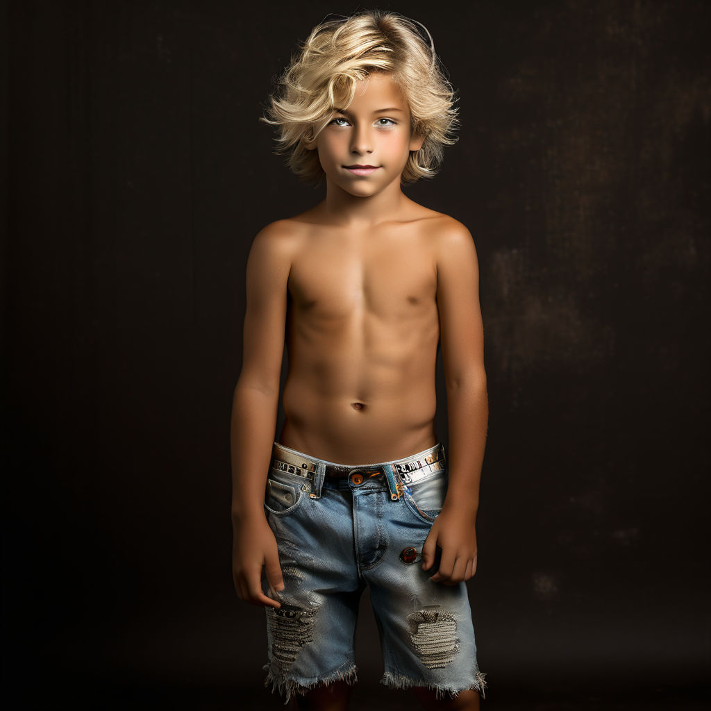 12 year boy blond shirtless full body by Raj Malhotra - Playground