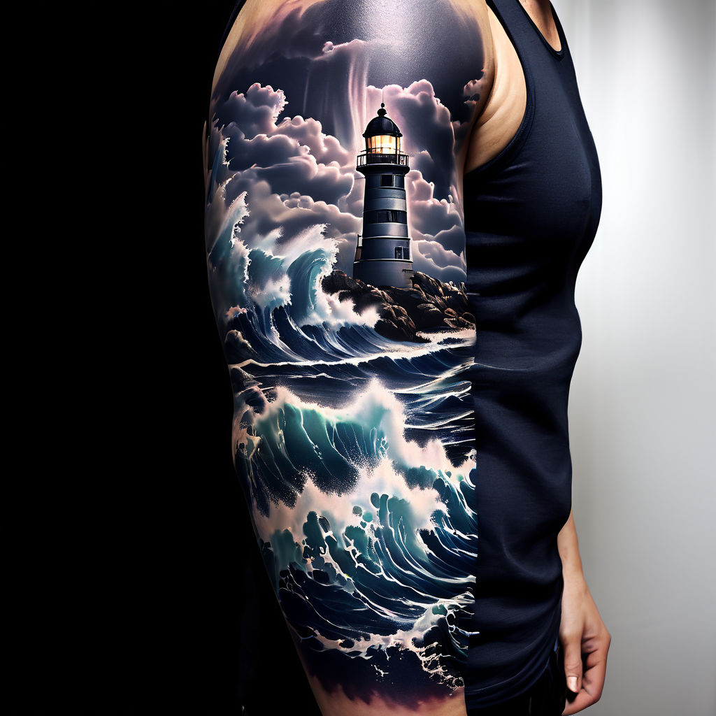 A realistic tattoo sleeve of a lighthouse in a storm with la... by ...